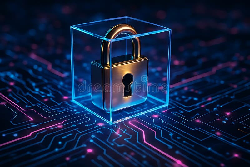 Golden Padlock Secured in a Glowing Cube on Circuit Board Stock ...