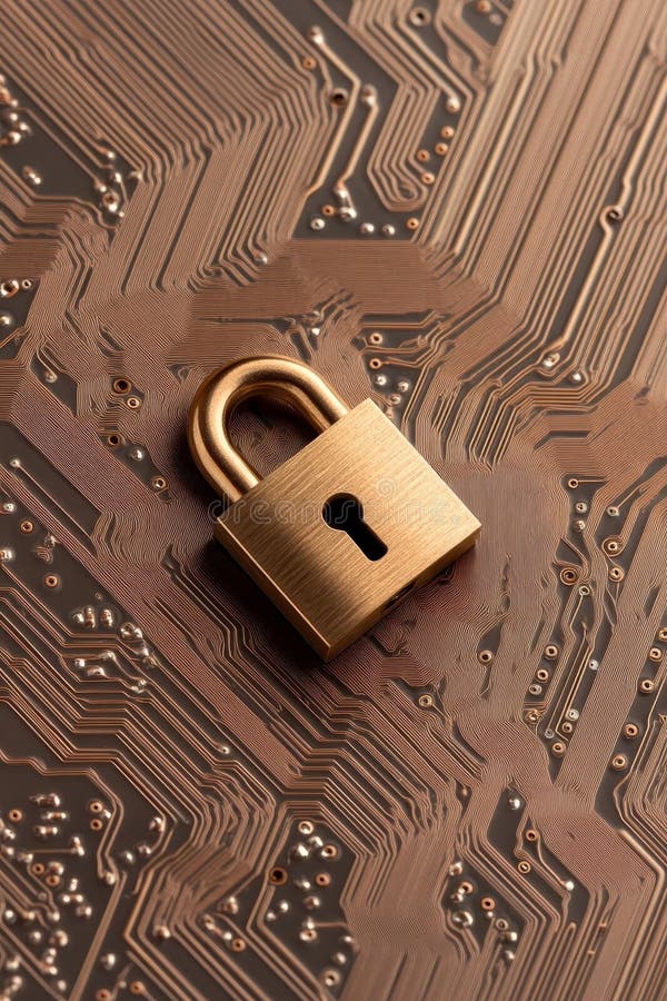 Golden Padlock Securing Digital Data Flow on Circuit Board Pattern for ...