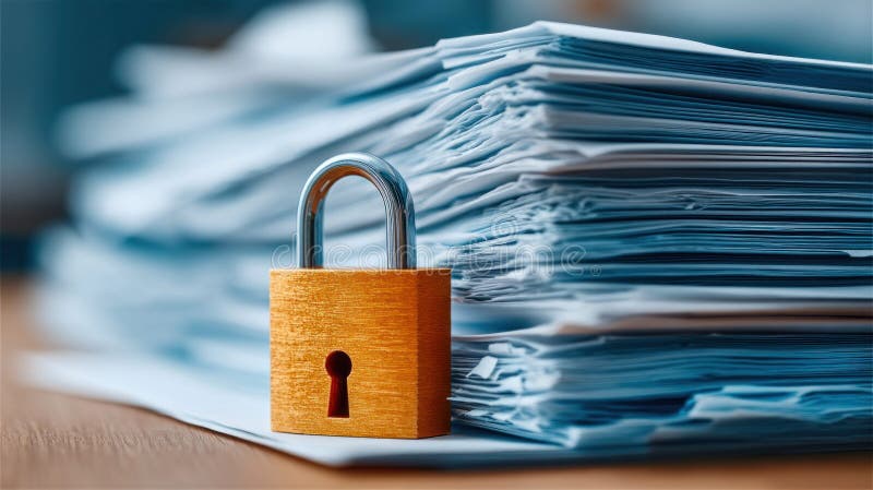 Golden Padlock Securing a Stack of Documents, Representing Data ...