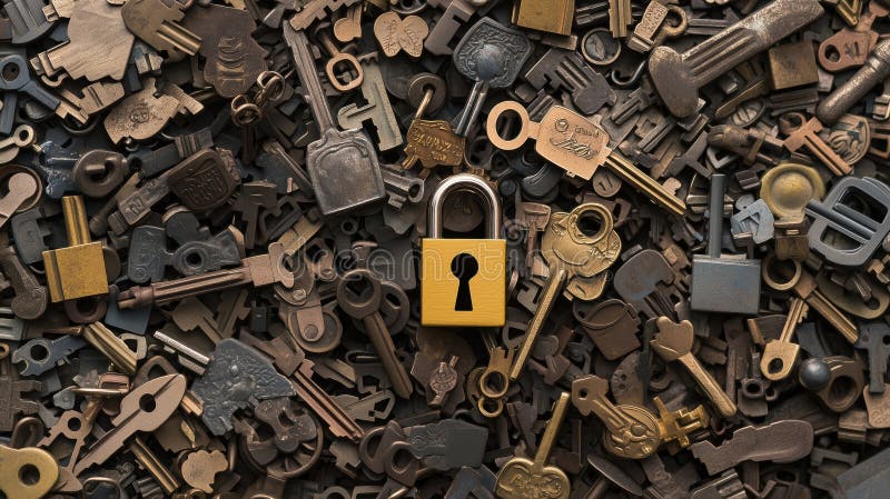 Golden Padlock Surrounded by an Assortment of Vintage Keys and Locks on a Textured Background ...
