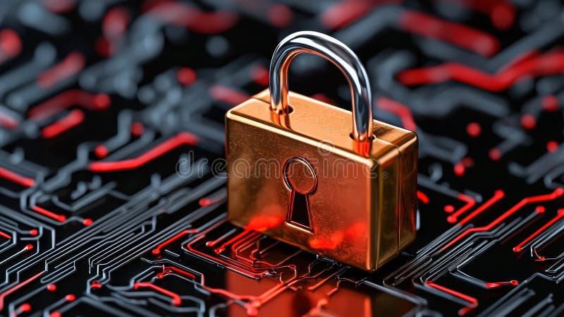 Golden Padlock Symbolizes Security on Digital Circuit Board Background ...