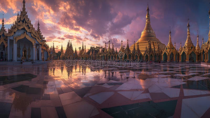 Golden Pagodas Sunset Reflection, Myanmar Temple Complex Stock Photo ...