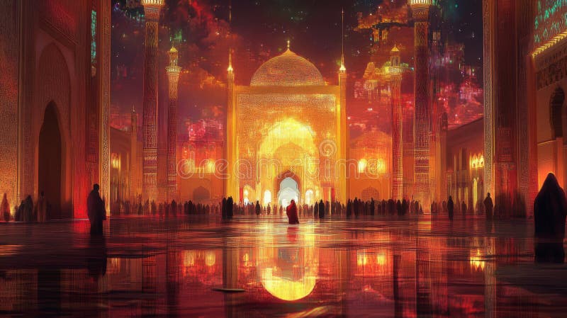 Golden Palace at Night with Starry Sky and Crowd Stock Illustration ...