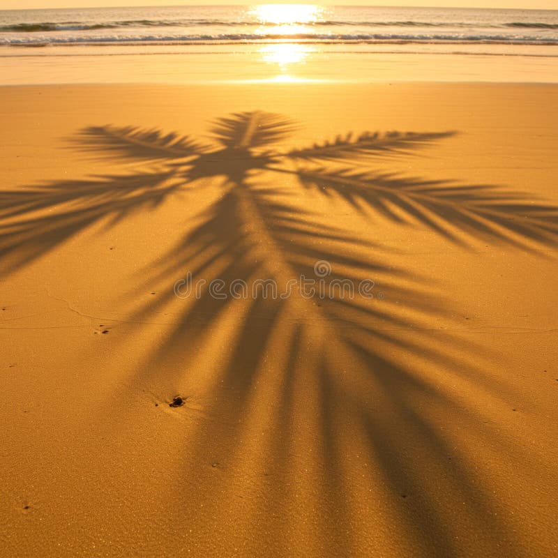 Golden Palm Tree Shadow on Sandy Beach at Sunset Stock Illustration ...