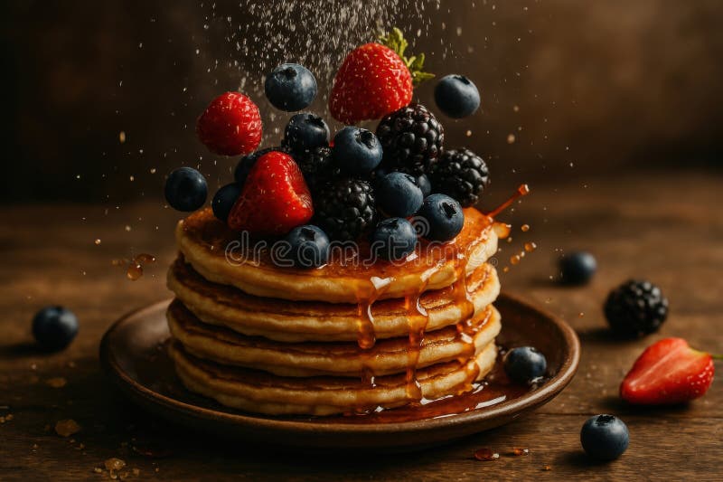 Golden Pancake Stack Topped with Berries and Falling Powdered Sugar in ...