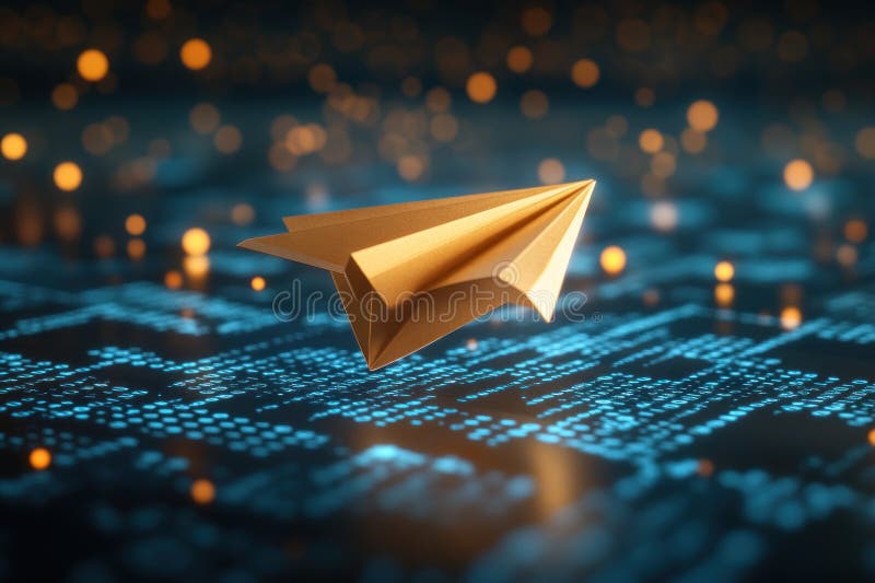 A Golden Paper Airplane Soaring through a Turbulent Digital Storm of ...