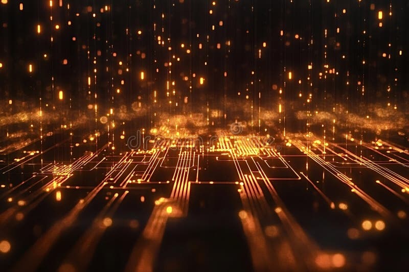 Golden Particles Falling on Futuristic Circuit Board Creating Digital ...