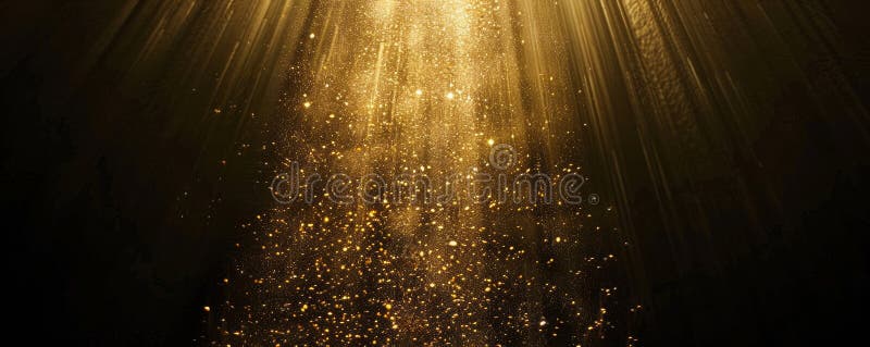 Golden Light Beams with Glowing Particles on Dark Background Stock ...