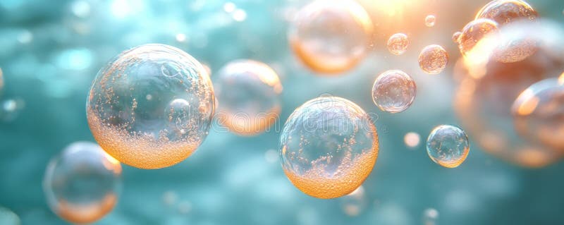 Golden Particles Floating Inside Transparent Bubbles in Turquoise Water ...