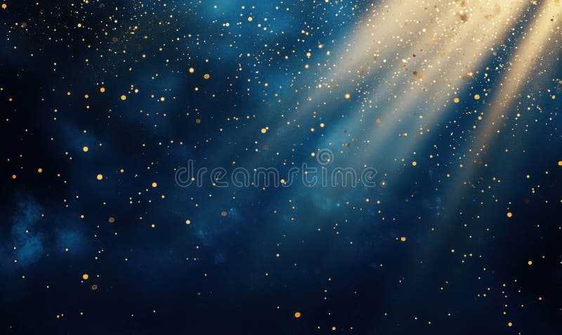 Golden Particles and Light Rays in Dark Blue Cosmic Background Stock ...