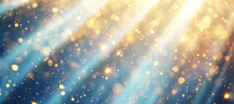 Golden Particles and Light Rays Floating on a Dark Blue Background ...