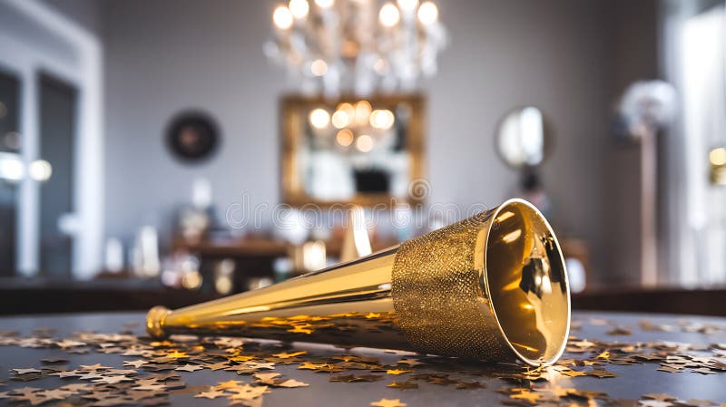 Golden Party Horn and Confetti on a Table Stock Image - Image of gold ...