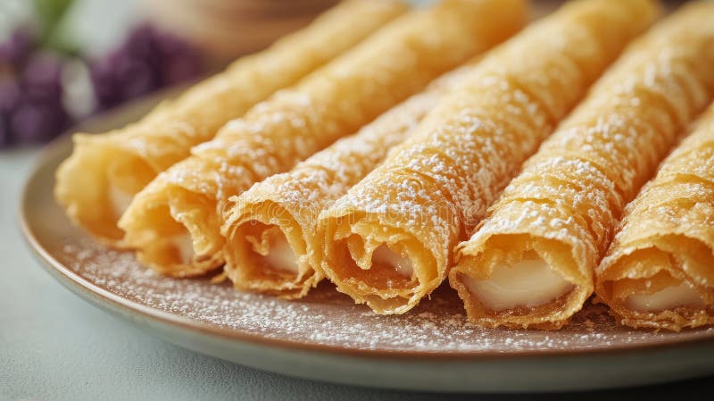 Golden Pastry Rolls Dusted with Powdered Sugar. Stock Image - Image of ...