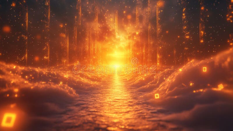 Golden Path through Glowing Clouds and Sparkles Stock Illustration ...