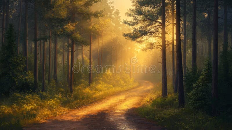 A Golden Path through a Misty Forest Stock Illustration - Illustration ...