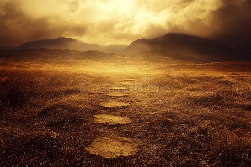 Golden Path through Mountain Meadow Stock Illustration - Illustration ...