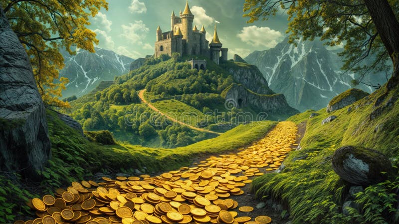 Golden Path To Castle on Mountain Stock Illustration - Illustration of ...