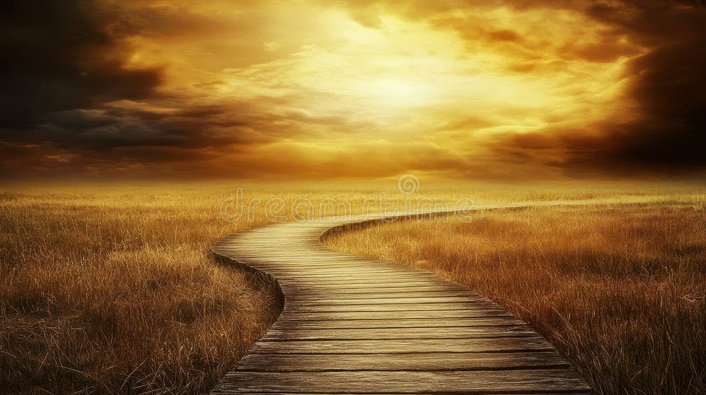Golden Path a Winding Boardwalk through a Field of Wheat Under a ...