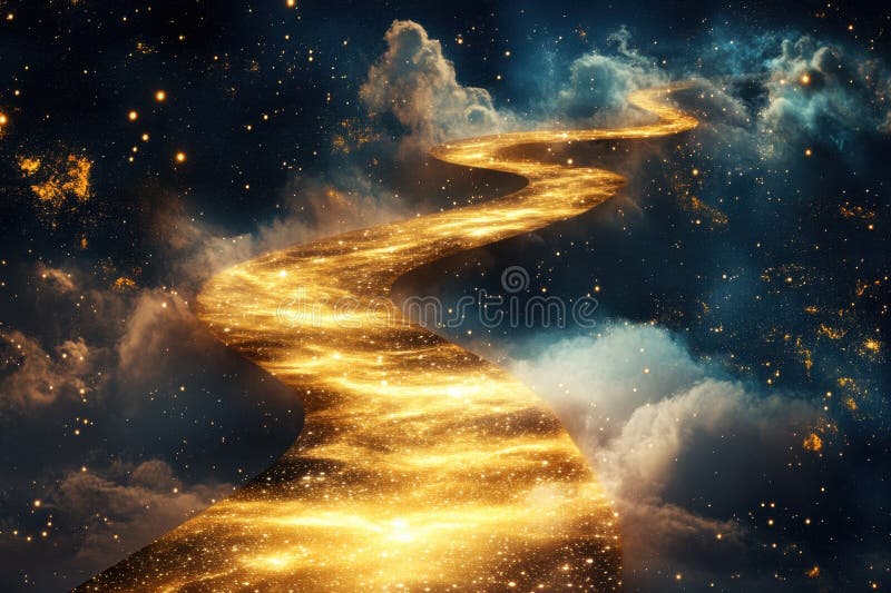 Golden Pathway through Cosmic Clouds in a Starry Night Sky Stock ...
