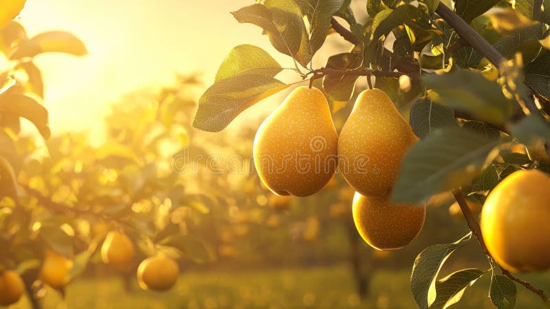 Golden Pears on a Branch, Ready for Harvest, with a Soft Background of ...
