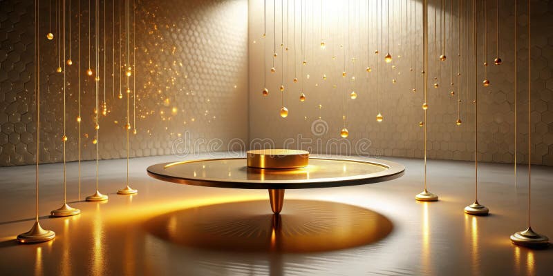Golden Pedestal Display with Dripping Metallic Spheres and Hexagonal ...