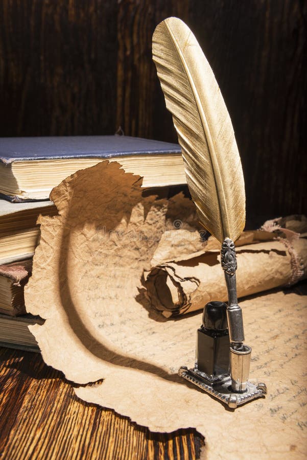 Golden Pen and Ancient Manuscripts Stock Photo - Image of vintage ...