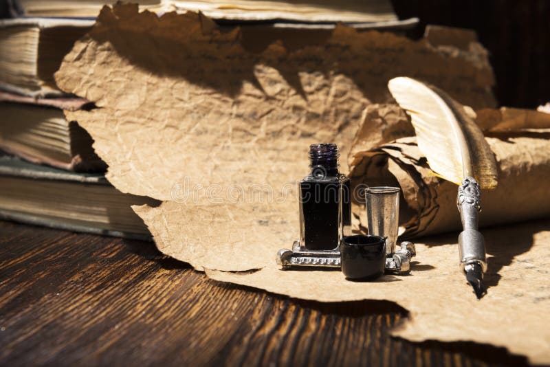 Golden Pen and Ancient Manuscripts Stock Image - Image of language ...