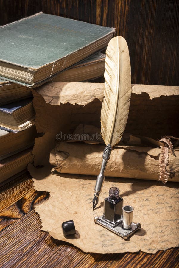 Golden Pen and Ancient Manuscripts Stock Photo - Image of letters ...