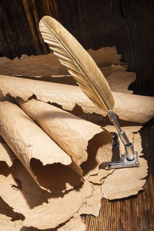 Golden Pen and Ancient Manuscripts Stock Photo - Image of inkwell ...