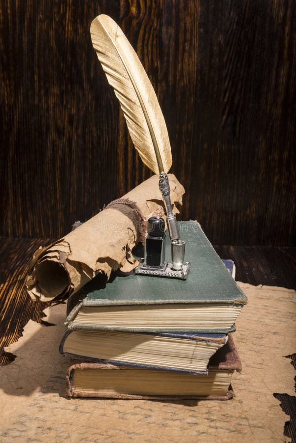 Golden Pen and Ancient Manuscripts Stock Image - Image of golden ...