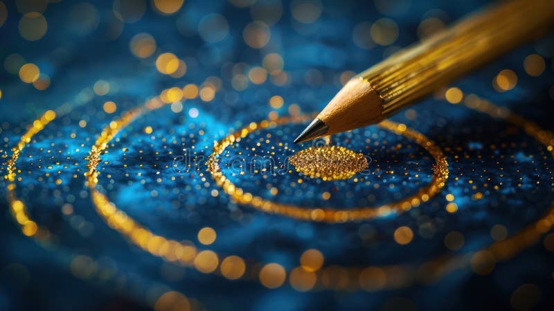 A Golden Pencil Writes on a Blue Background with a Golden Glitter ...
