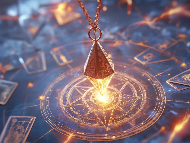 Golden Pendulum Glowing Over a Magic Circle and Tarot Cards Stock ...