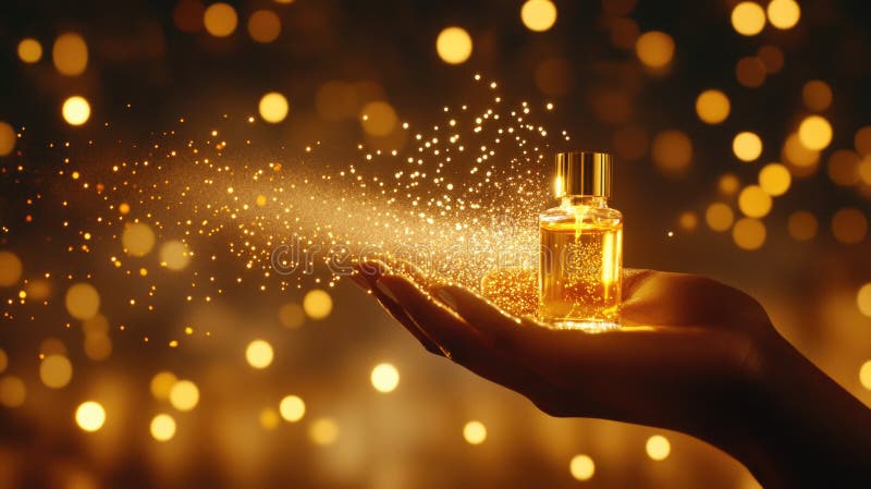Golden Perfume Bottle in Hand Surrounded by Glowing Sparkles Stock ...