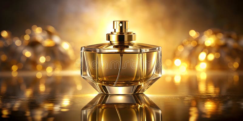 Golden Perfume Bottle with Soft Glowing Reflection Stock Illustration ...