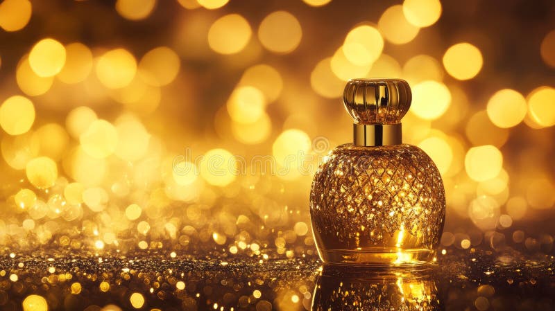Golden Perfume Bottle with Sparkling Lights in Soft Focus on a ...