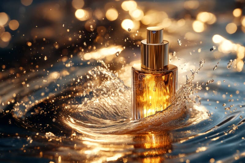 Golden Perfume Bottle Splashing in Water with Golden Bokeh Lights Stock ...