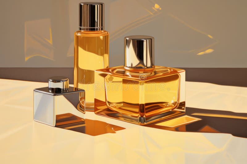 Golden Perfume Bottles on Glossy Surface Stock Image - Image of golden ...