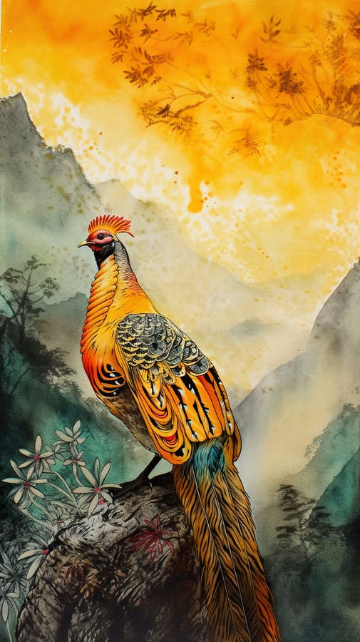 Golden Pheasant Perched on a Tree Branch in Mountains, AI Generative ...