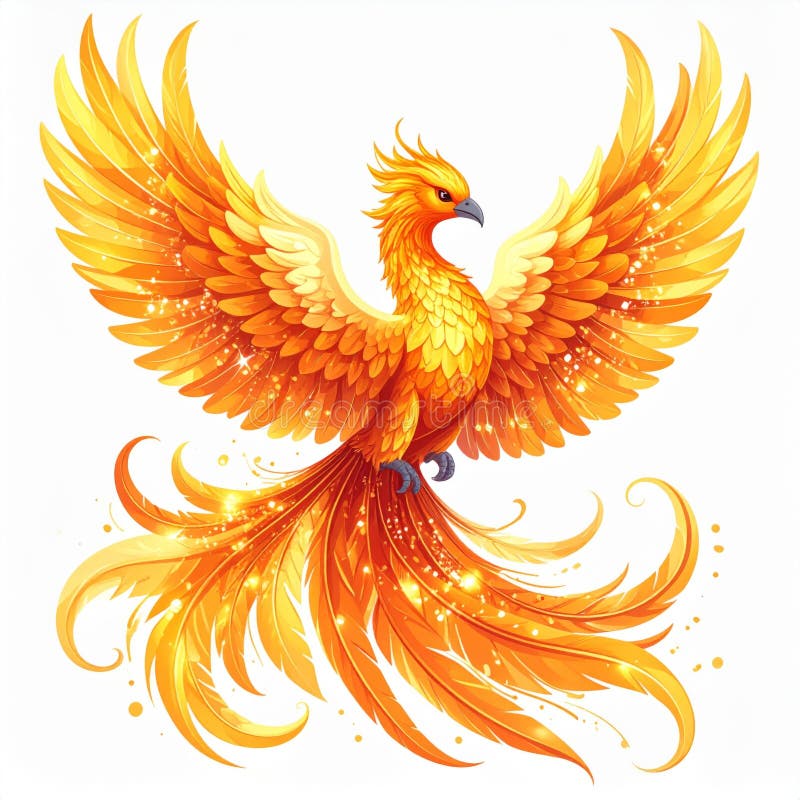 Golden Phoenix Bird in Flight, White Background Stock Illustration ...