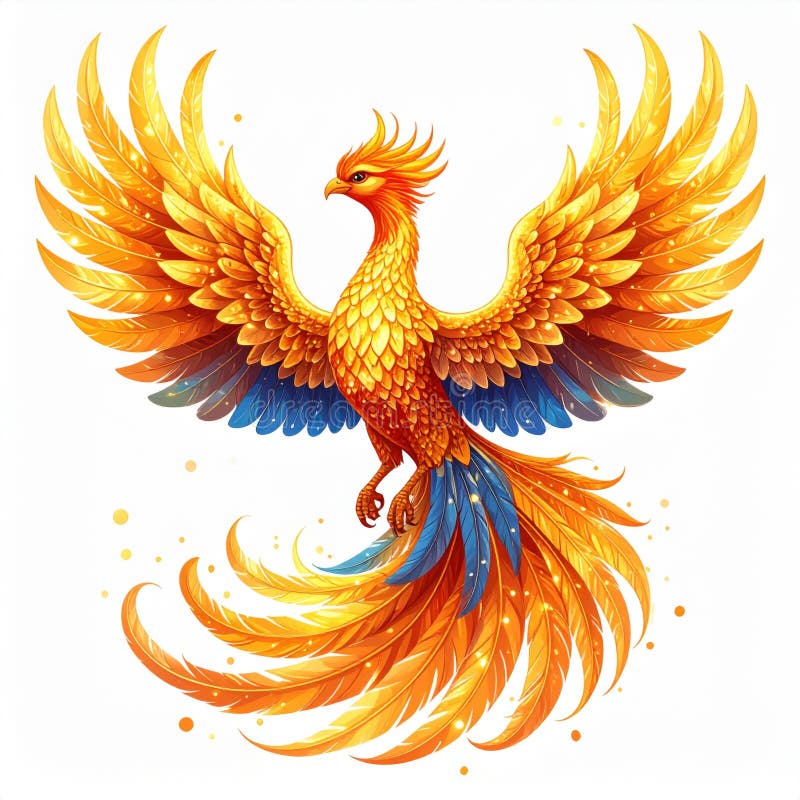 Golden Phoenix with Blue Accents, Mythical Bird Illustration Stock ...