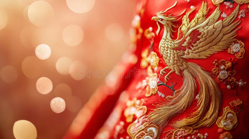 Golden Phoenix Embroidery Adorns Red Festive Garment Stock Illustration ...