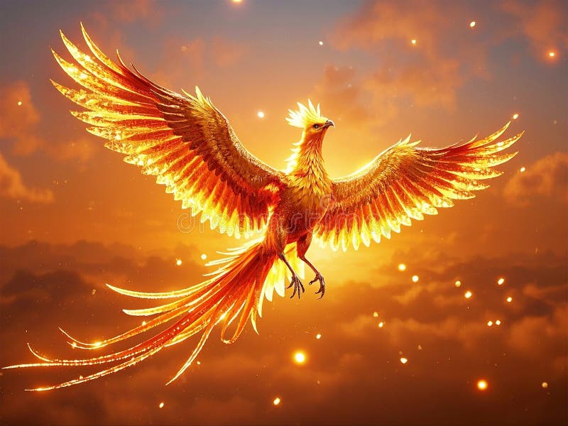 The Golden Phoenix Flying in the Sky with Shining Light. Stock ...