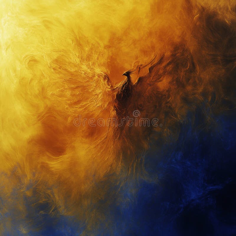 A Golden Phoenix Flying through Swirling Cerulean Clouds Stock Image ...