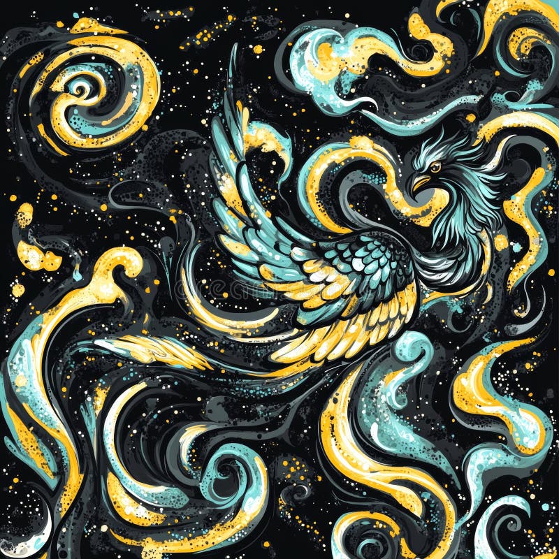 A Golden Phoenix Gliding through Spiraling Blue Clouds Stock Image - Image of rebirth, fantasy ...
