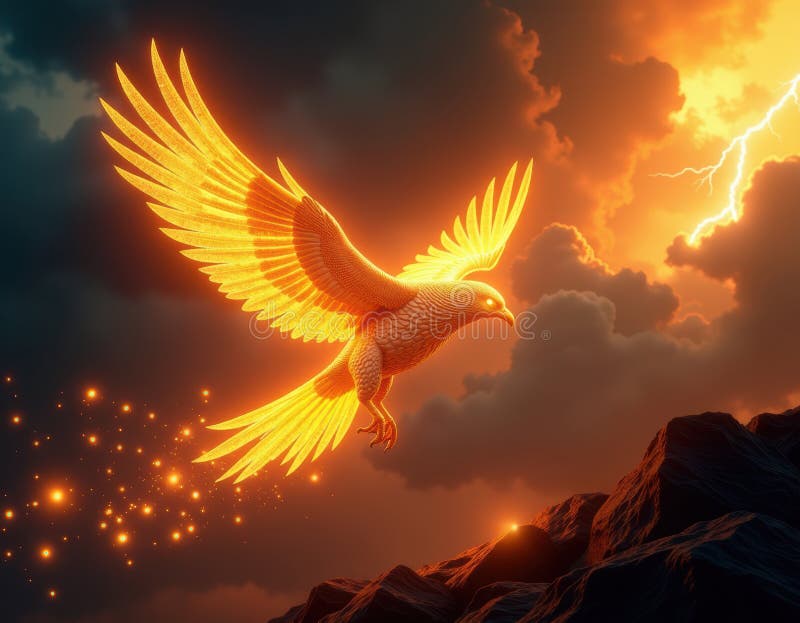 Golden Phoenix Rising from the Ashes Stock Illustration - Illustration ...