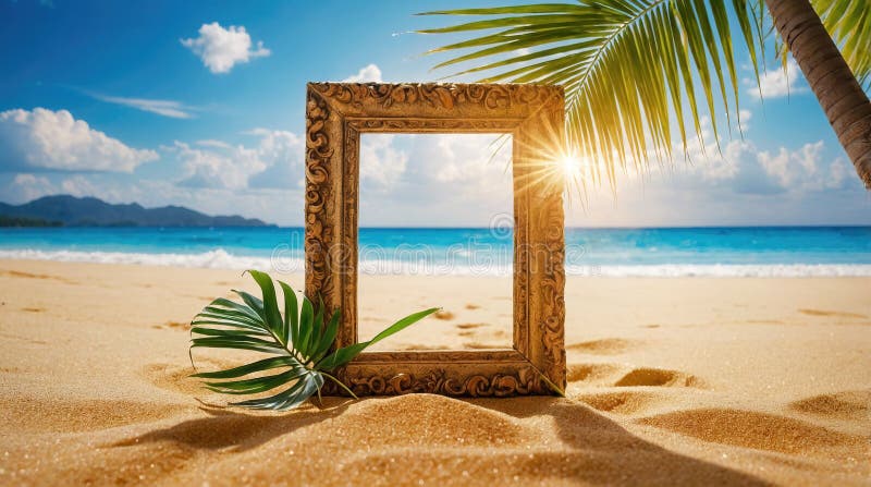 Golden Picture Frame on Sandy Tropical Beach Stock Illustration ...