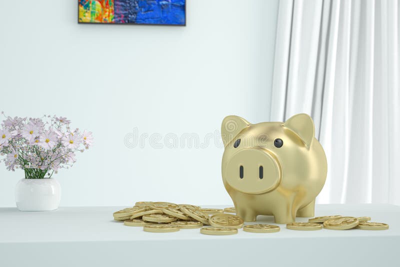 Golden Piggy Band and Coins on the Desktop. 3D Illustration Stock ...