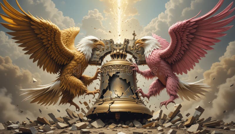 Golden and Pink Eagles Clashing Over a Cracked Bell in Dramatic Light ...