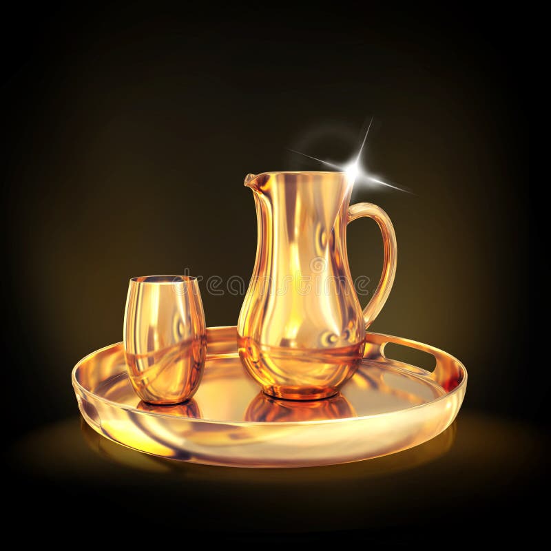Golden Pitcher on a Tray. Black Background Stock Illustration ...