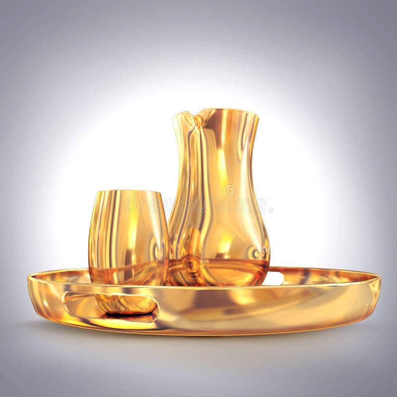 Golden Pitcher on a Tray. White Background Stock Illustration ...